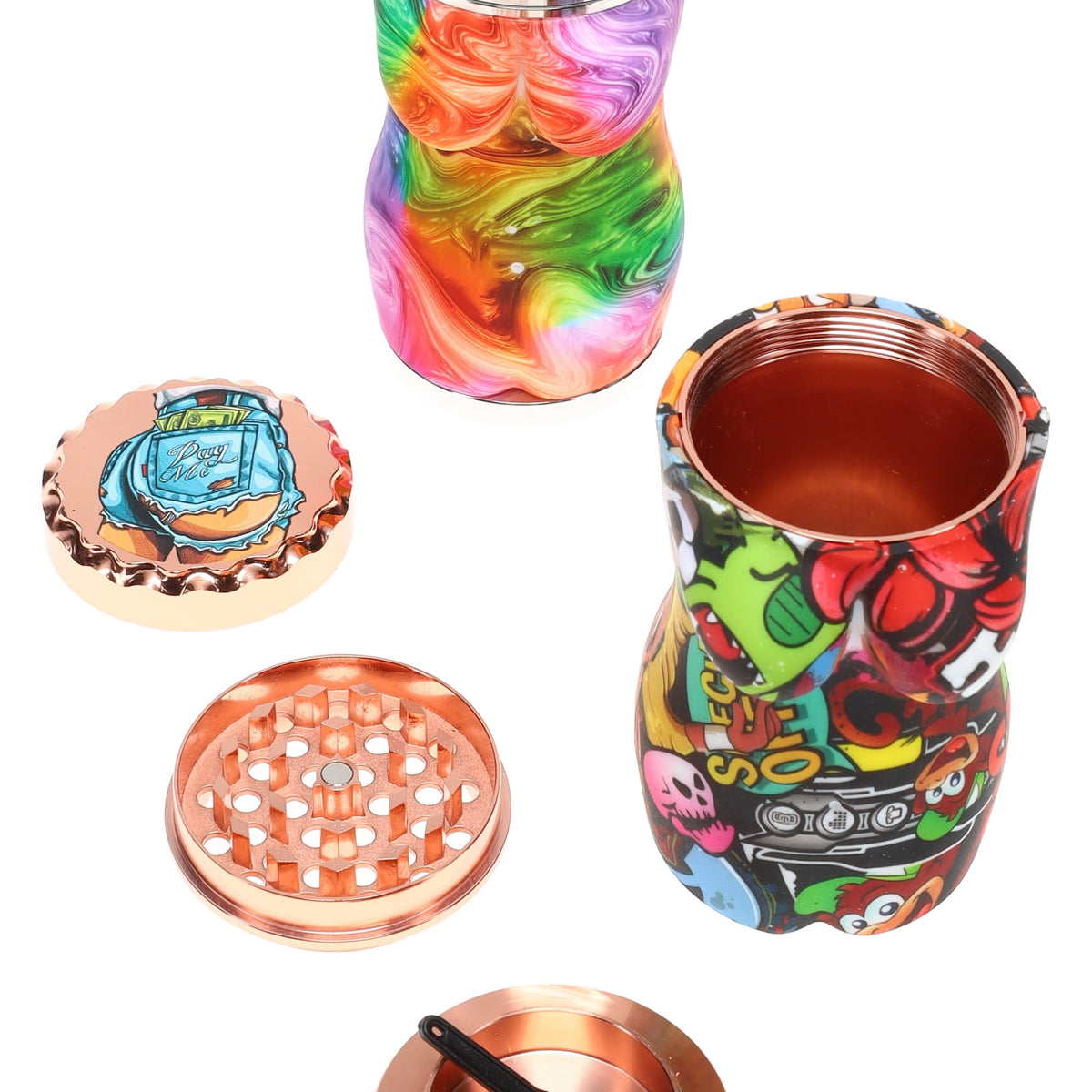 4-Part Metal Herb Grinder “Curve Appeal” – Silicone – 2⅛″ – Assorted C ...